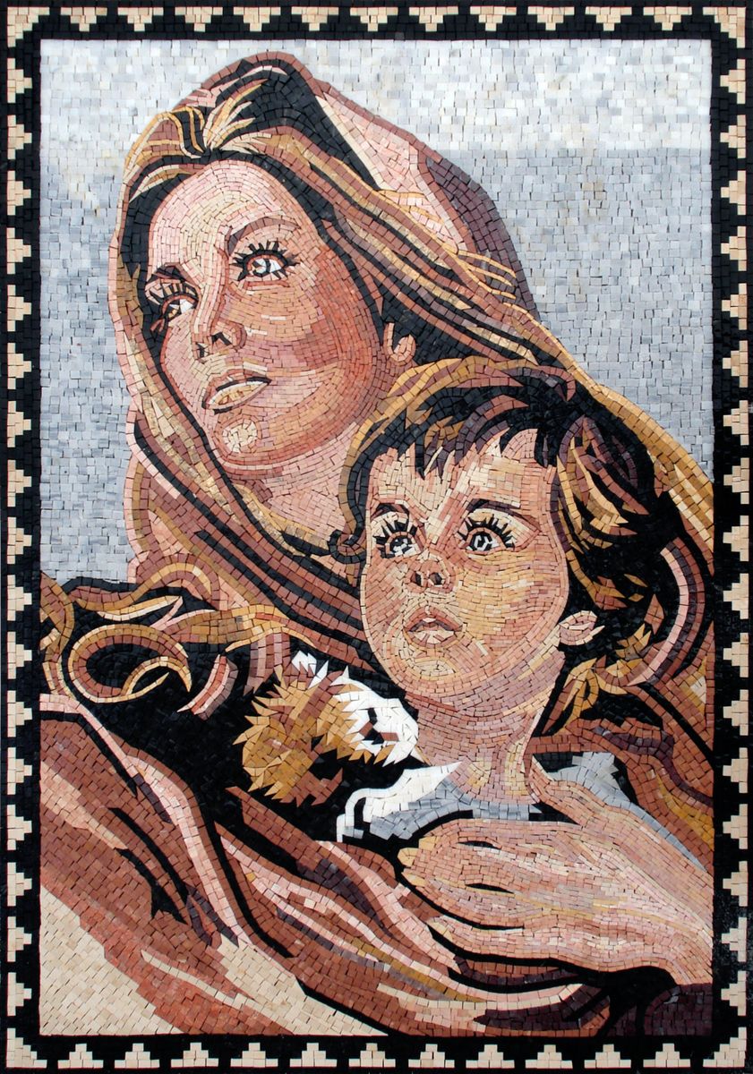 Hooded Mother and Child Mosaic - Mosaic Natural