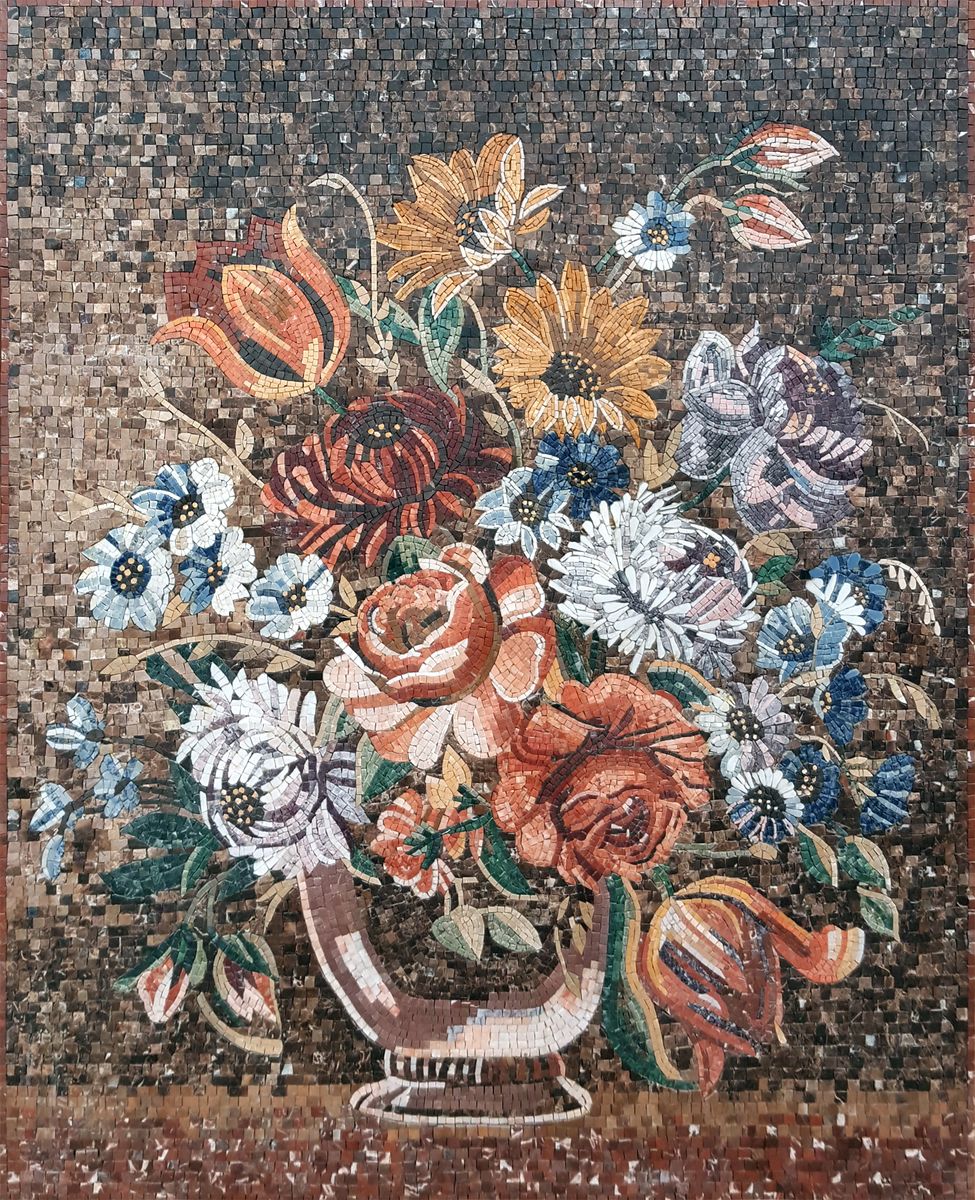 Display of Mixed Flowers Mosaic, 48"x60" - Mosaic Natural