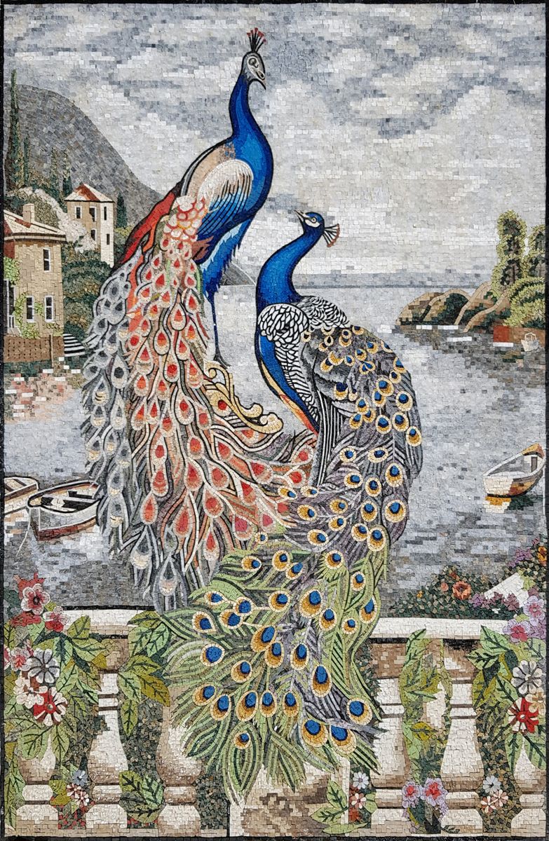 Brightly Colored Peacocks by the Sea Mosaic - Mosaic Natural