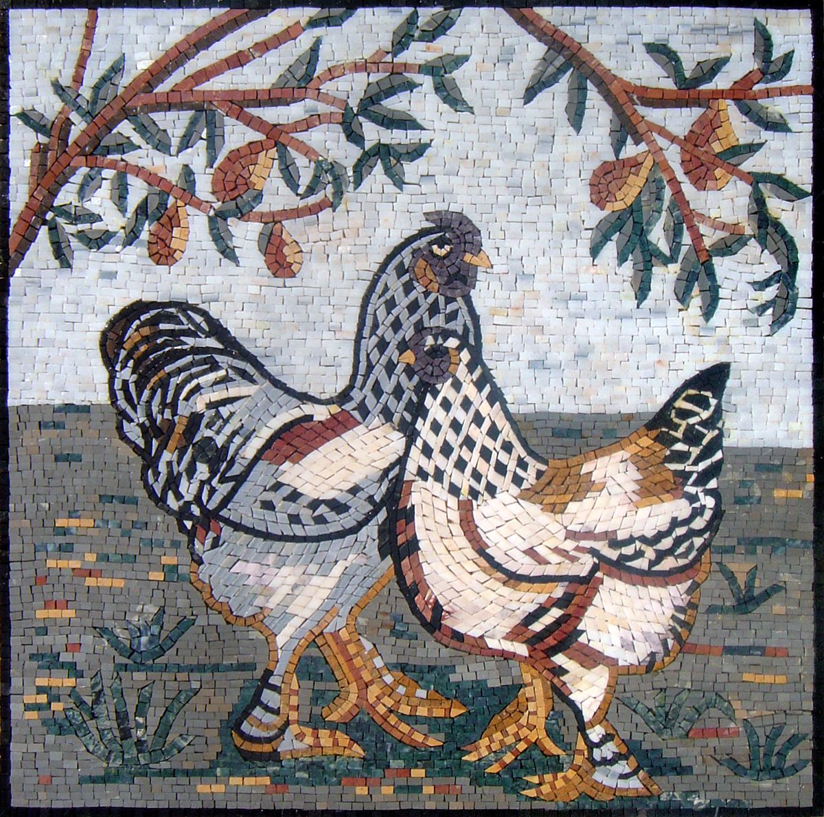 Rooster and Hen Mosaic - Mosaic Natural