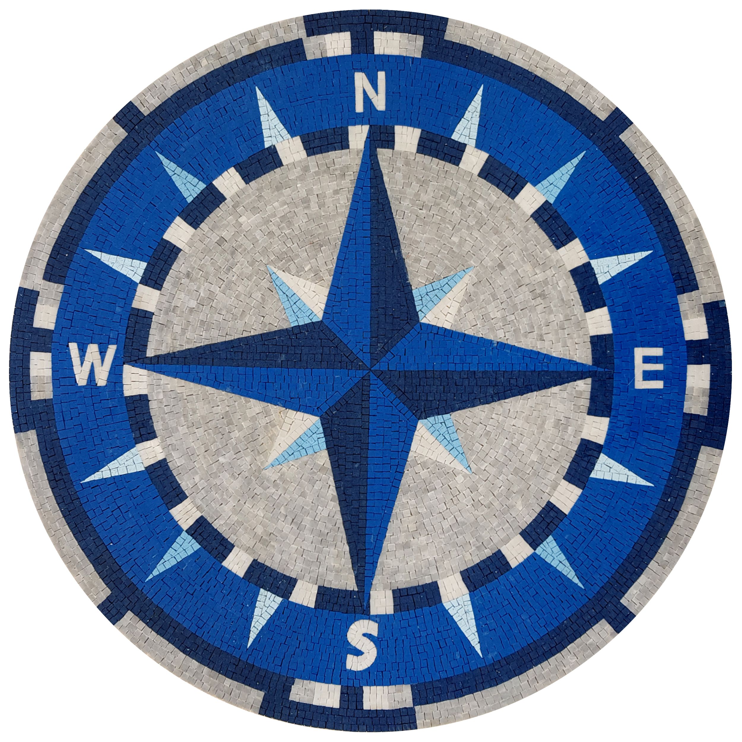 Inlay Blue Compass Rose Mosaic, 60" | Mosaic Natural