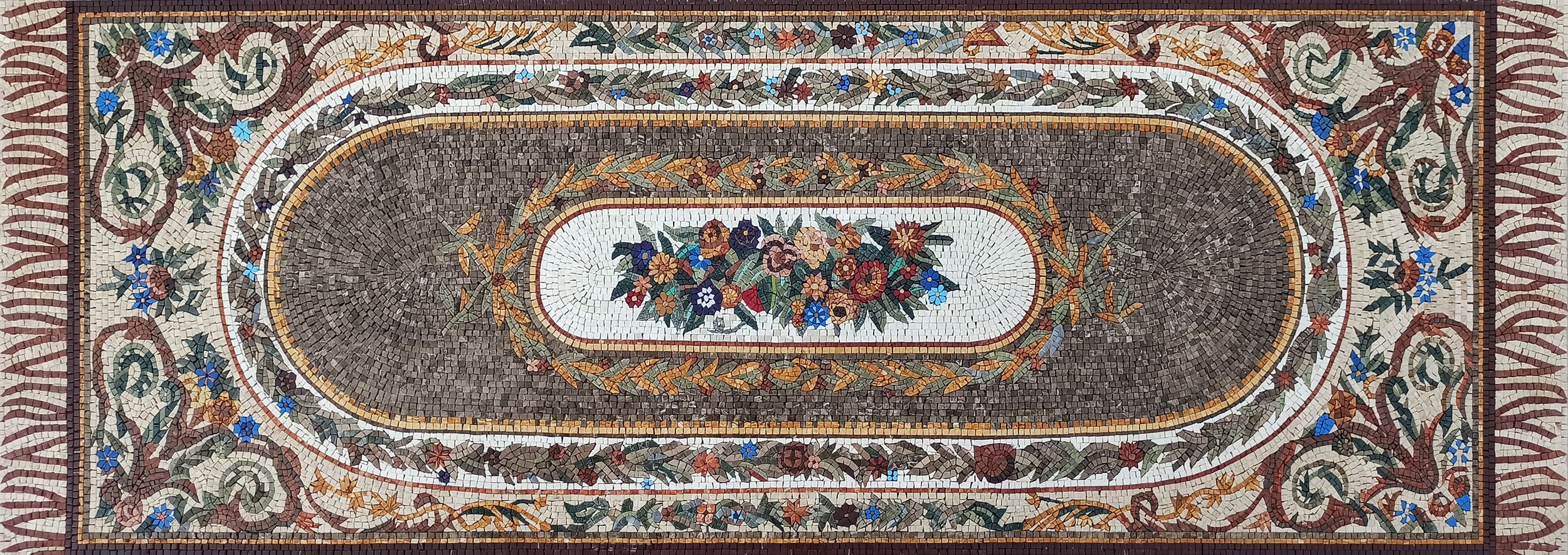 Traditional Floral Patterned Mosaic Runner Rug | Mosaic Natural