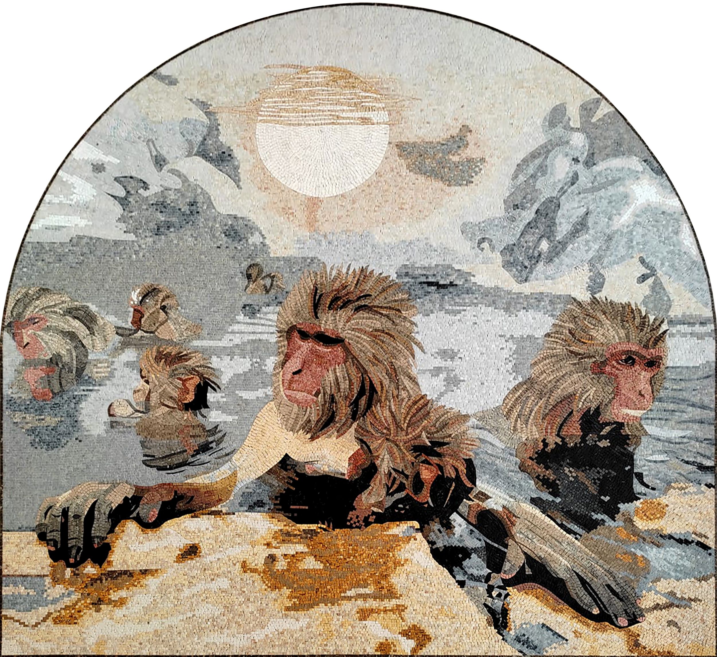 Group of Macaques Bathing in the Sunshine Mosaic | Mosaic Natural