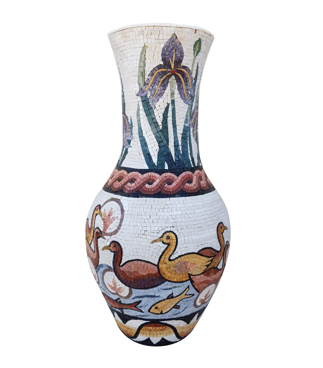 Mosaic Clay Vase with Ducks and Fish in Pond | Mosaic Natural