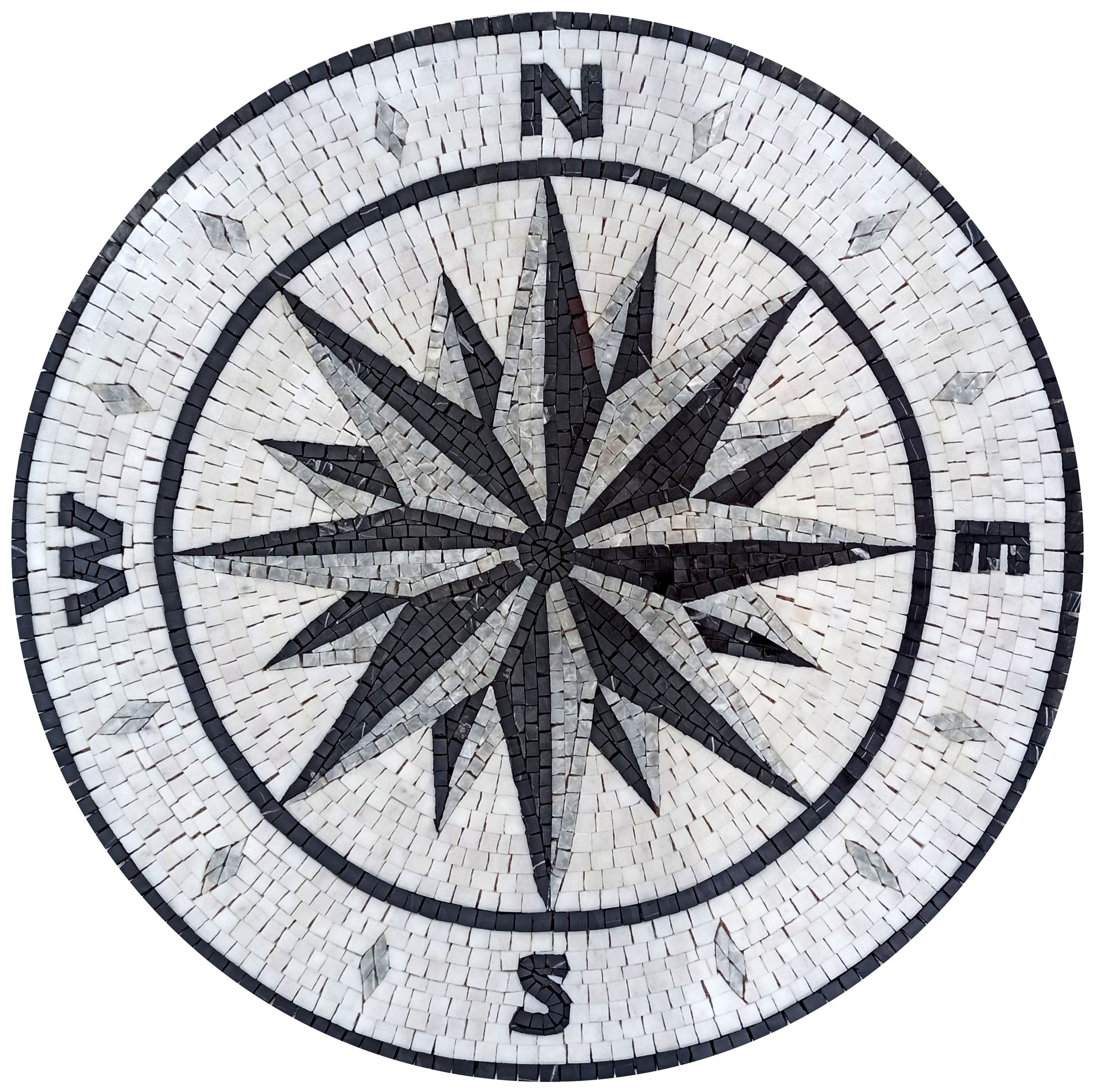 Round Grey Compass Mosaic, 40" | Mosaic Natural